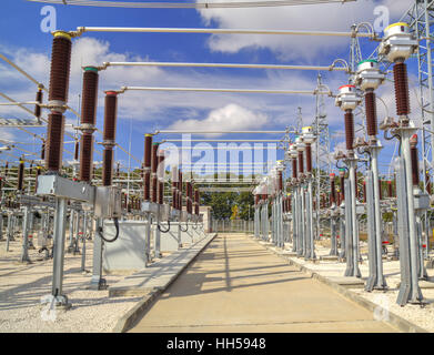 High voltage electrical insulation in a power substation, close up ...