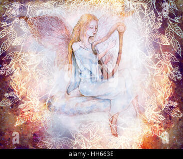 beautiful gentle angel playing harp sitting on cloud, surrounded with ...