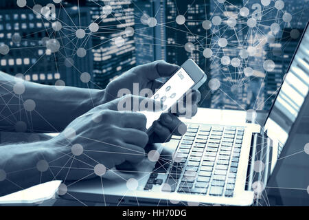 Man touching a social network concept on a touch screen with his ...