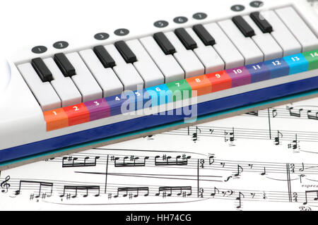 Notes and piano with numbered colourful keys Stock Photo - Alamy