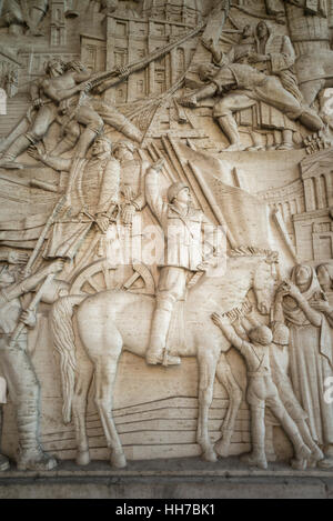 Rome. Italy. EUR. Portrait of Benito Mussolini on horseback on the bas ...