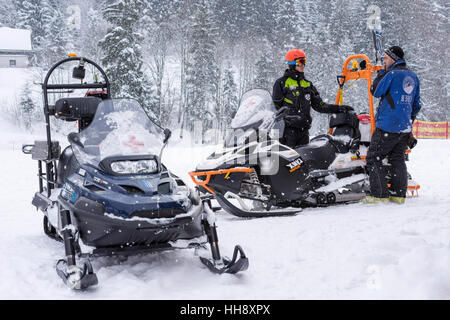 Rescue sled in the snow. Transport sleigh for injured skiers. Prepare ...