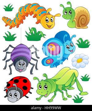 Set of cute bugs. A spider, a butterfly, a beetle and a caterpillar ...