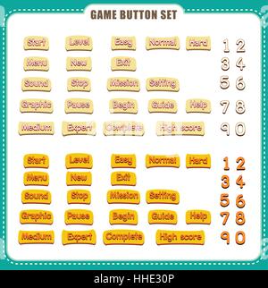 Game UI. Level complete menu with golden stars and buttons. Health bar, arrows and play button ...