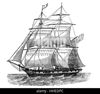 Engraving depicting a brig, a sailing vessel with two square-rigged ...