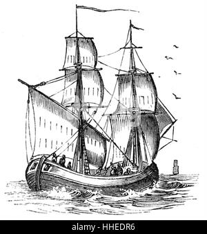 Engraving depicting a Bilander, a small European merchant ship with two ...