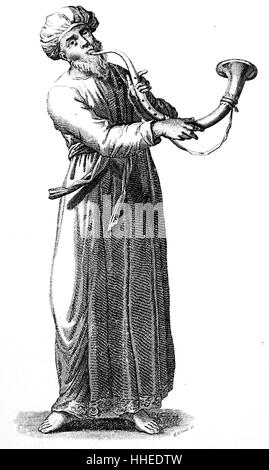 Engraving titled 'Blowing the Shofar'. A shofar is a Jewish ritual ...