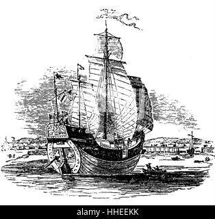Engraving of a Chinese Junk, an ancient Chinese sailing ship design ...