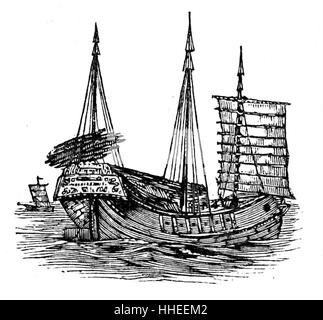 Engraving of a Chinese Junk, an ancient Chinese sailing ship design ...