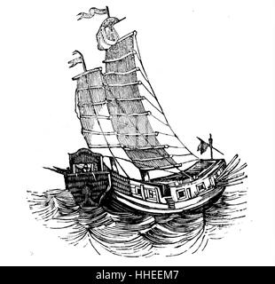 Engraving of a Chinese Junk, an ancient Chinese sailing ship design ...