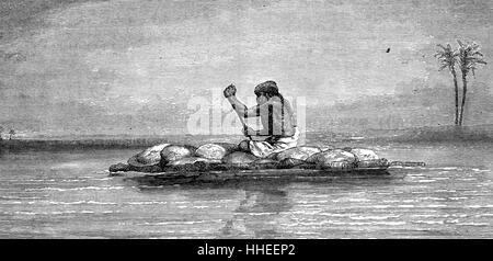 Illustration of an inflated bullock skin boat, for crossing the swift ...