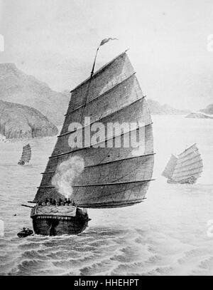 Engraving of a Chinese Junk, an ancient Chinese sailing ship design ...