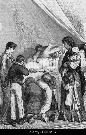 Illustration depicting a mother, her grandfather, and son in mourning ...