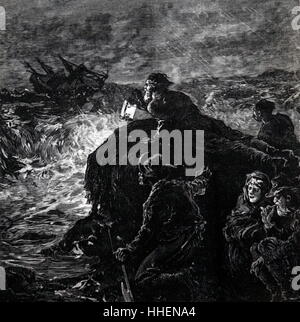 Engraving depicting wreckers luring a ship onto rocks by means of the ...