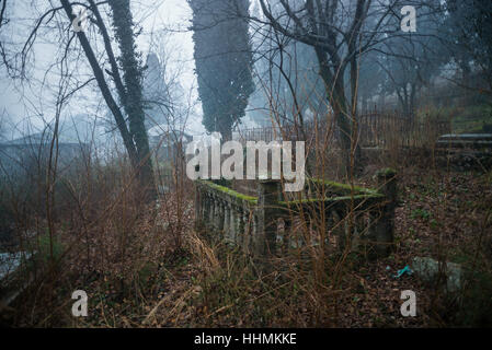 a run down grave in an abandoned cemetery in Podgorica, Montenegro ...