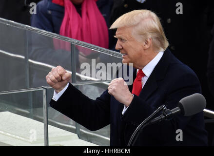 President Donald Trump gestures after speaking at a Kennedy Center ...