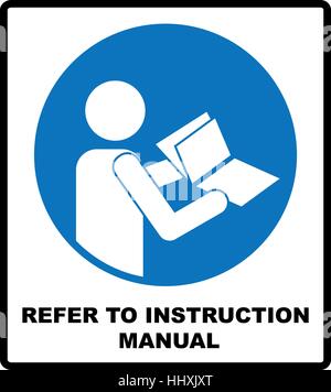 Refer to instruction manual sign. Vector illustration of circular blue sign with open book and ...