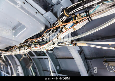 Military rescue helicopter wiring. Museum exhibition on aircraft ...