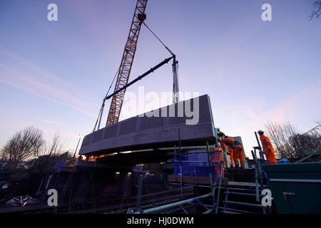 Chester, UK. 21st January 2017. Installation of a concrete road bridge ...