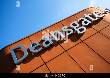 Chrome Deansgate sign on a rusty structure at Deansgate Metrolink tram ...