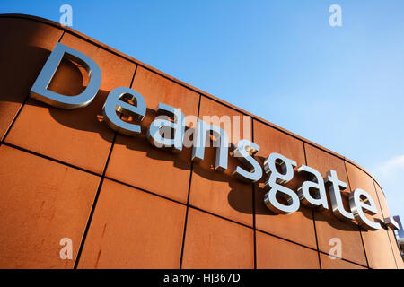 Chrome Deansgate sign on a rusty structure at Deansgate Metrolink tram ...