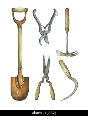 Garden shovel, pitchfork and rake on grey background. 3d render of ...