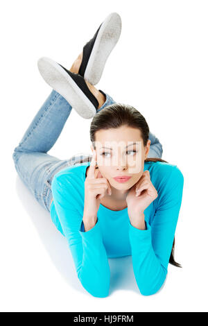 Photo of glad reliable nice lady raise two thumbs up wear white blouse ...