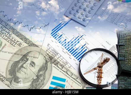 Collage of various business elements. Dollar, stocks, sky, building ...
