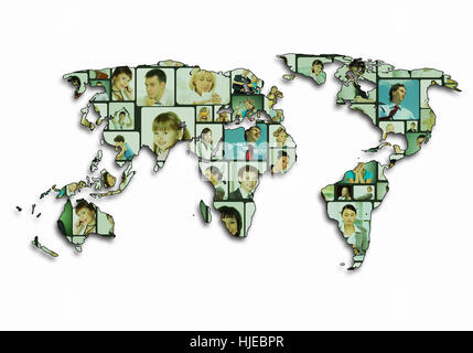 World map background with people portraits on it Stock Photo - Alamy