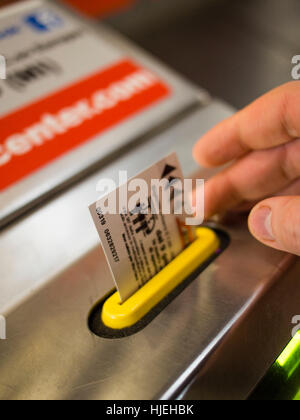 Detail of subway ticket validation machine on platform of underground ...