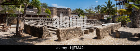 Tanzania, Zanzibar, house made of stone with thatched roof Stock Photo ...