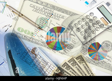 Collage of various business elements. Dollar, stocks, sky, building ...