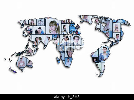 World map background with people portraits on it Stock Photo - Alamy