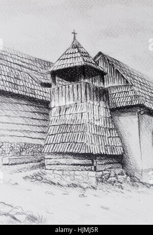 idylic willage houses with wooden belfry, pencil drawing on paper with ...