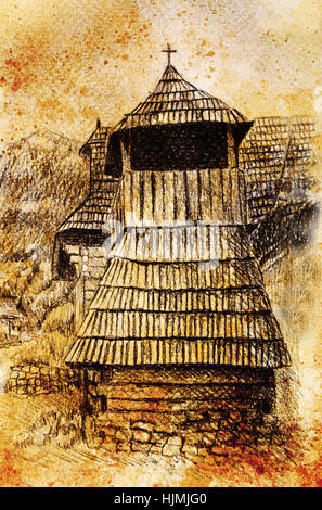 historic wooden belfry in mountain willage, pencil drawing on paper ...
