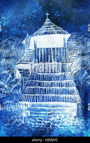 historic wooden belfry in mountain willage, pencil drawing on paper ...