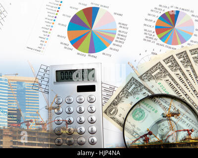 Collage of various business elements. Dollar, stocks, sky, building ...