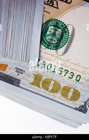 American 100 dollar banknotes made of paper placed on white background ...