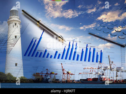 Collage of various business elements. Dollar, stocks, sky, building ...