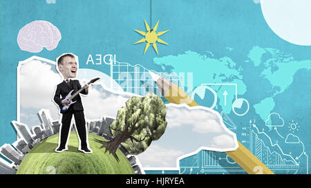 Young businessman playing guitar at composite collage background Stock ...