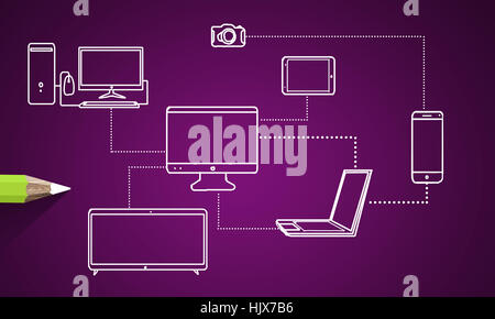 Pencil drawing connection lines between office devices Stock Photo - Alamy