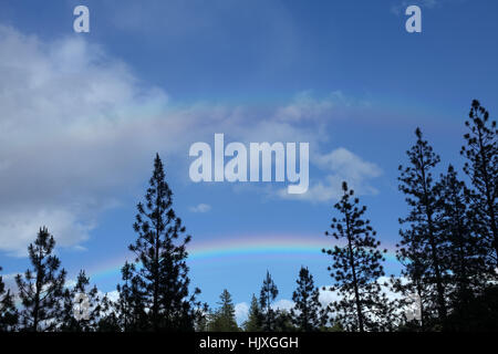 A double rainbow appears behind the trees. Oregon, Ashland, Cascade ...