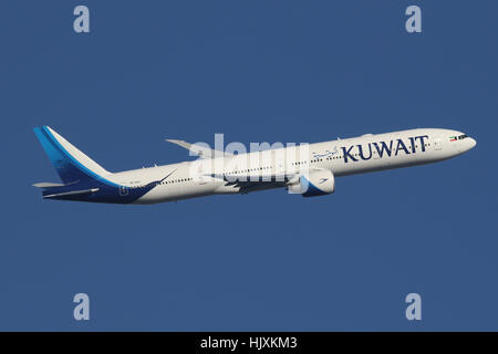 Kuwait Airways Boeing 777-300 aircraft as seen on final approach flying ...
