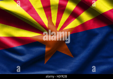 Arizona state flag on a wavy silk satin fabric texture background Stock ...