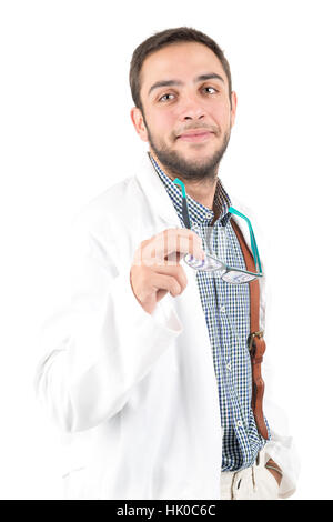 Nerd doctor posing isolated in a white background Stock Photo - Alamy