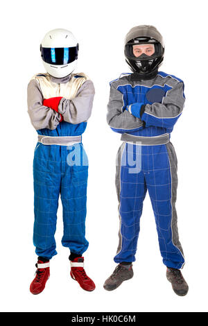 Racing drivers posing with helmet isolated in white Stock Photo - Alamy