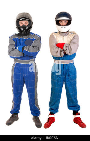 Racing drivers posing with helmet isolated in white Stock Photo - Alamy