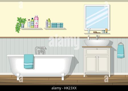 Cartoon Bathroom. Bathroom Interior with bathtub, faucet toilet sink ...
