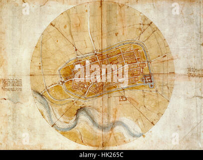 Leonardo da Vinci. The map of Imola. 1502-1503. Pen and ink watercolour ...