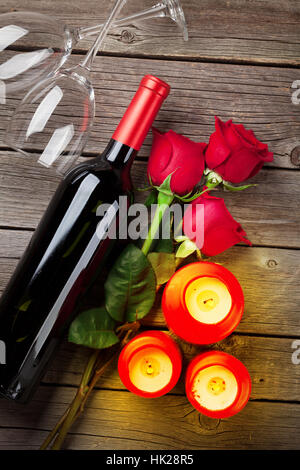 Valentines day card with champagne, rose flowers and gift box. With ...